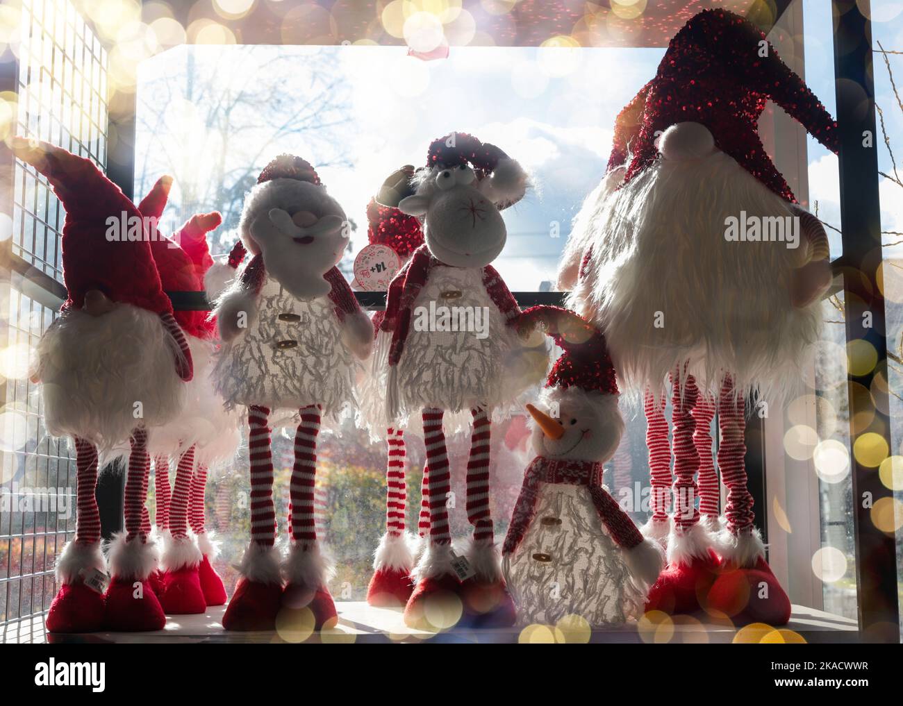 Christmas stuffed toys of sheep and Santa Claus on store shelf Stock ...
