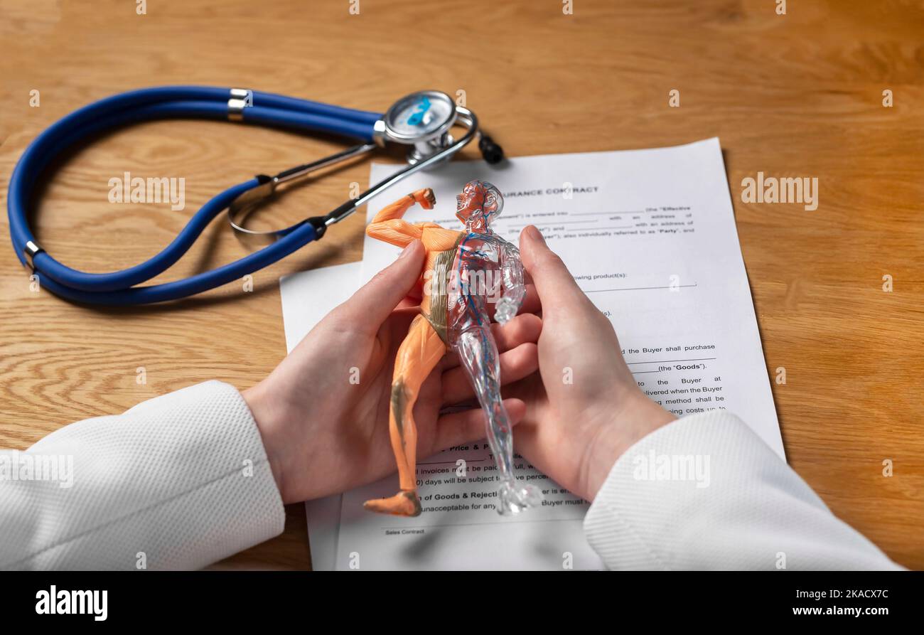 Health insurance concept. Medical healthcare contract with stethoscope ...