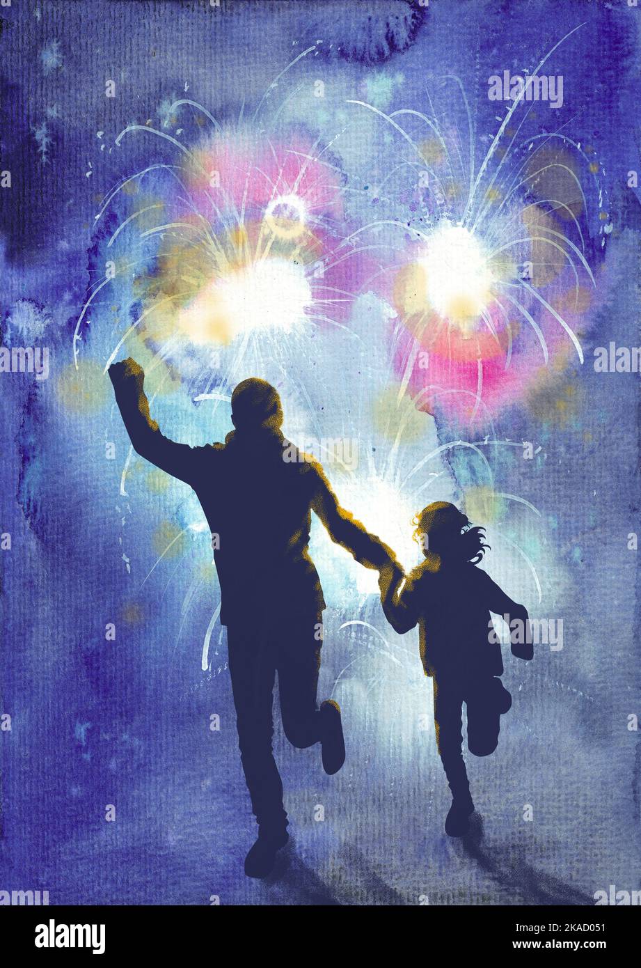 New Year's Eve celebration. Hand drawn water colour illustration of ...