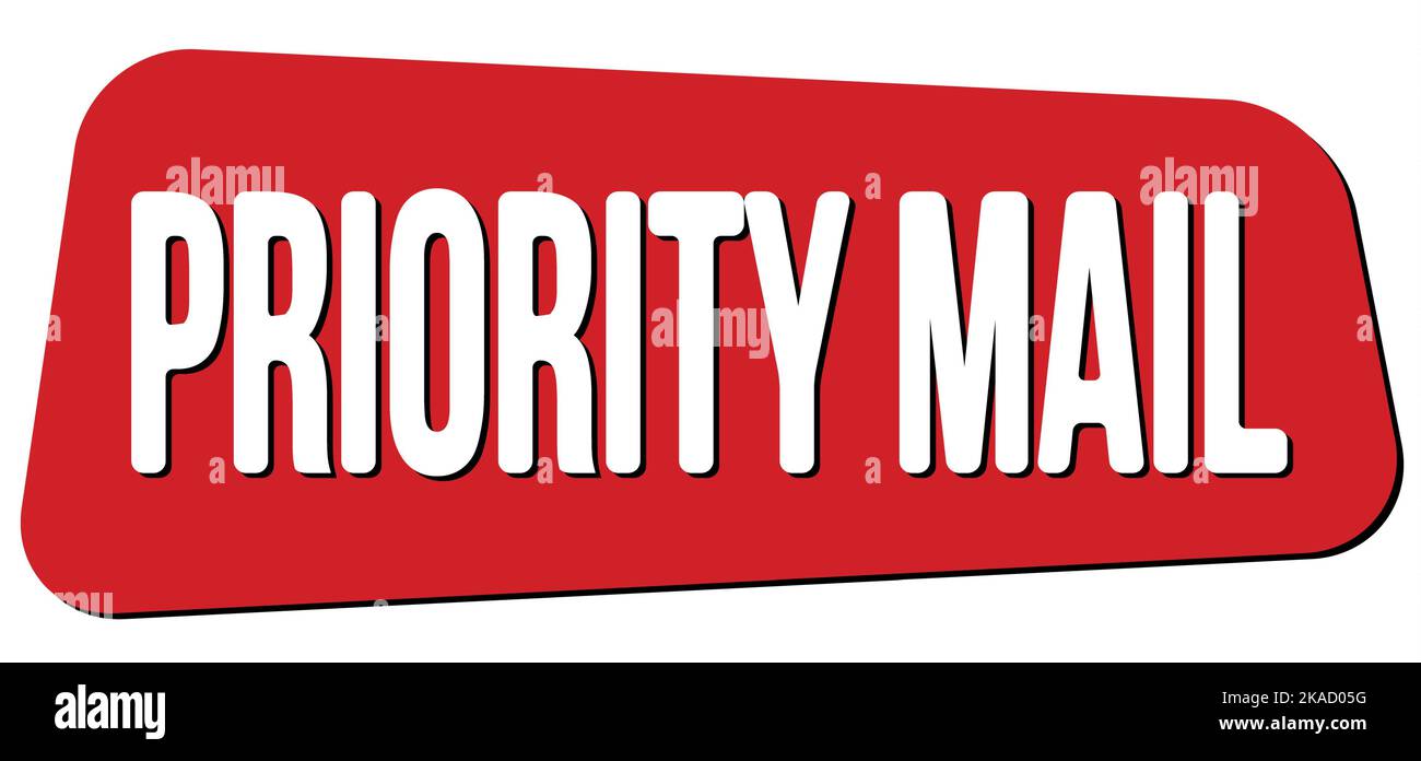 PRIORITY MAIL text written on red trapeze stamp sign Stock Photo - Alamy