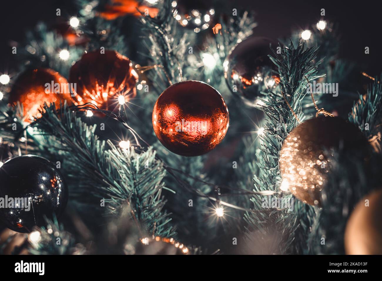 Christmas concept and background with pine tree branches, lights and ...