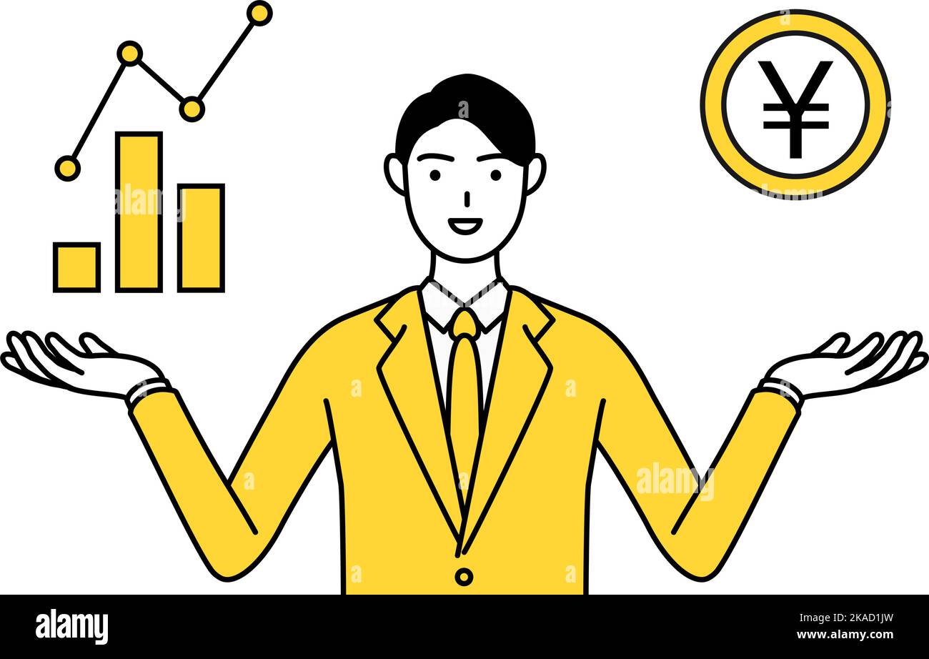 Simple line drawing illustration of a businessman in a suit guiding an ...