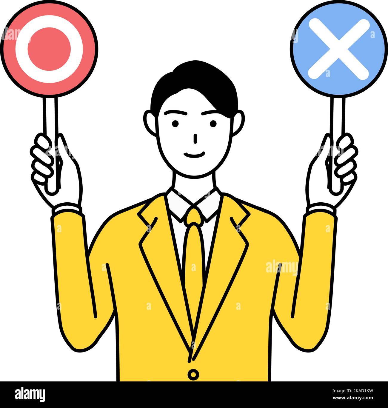 Simple line drawing illustration of a businessman in a suit holding a ...