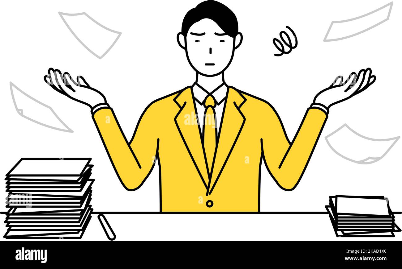 Simple line drawing illustration of a businessman in a suit who is fed ...