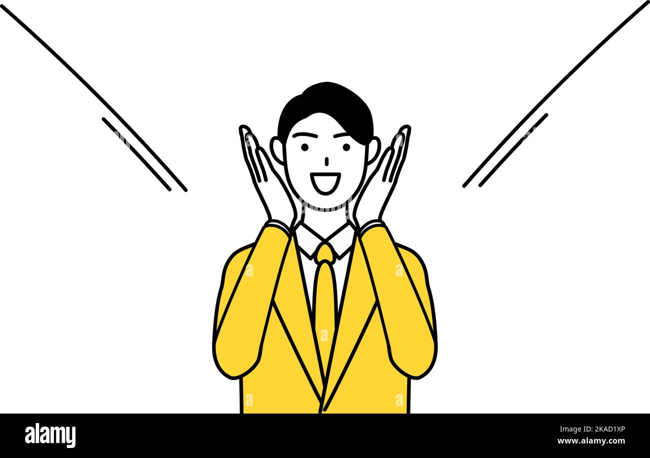 Simple line drawing illustration of a businessman in a suit calling out ...