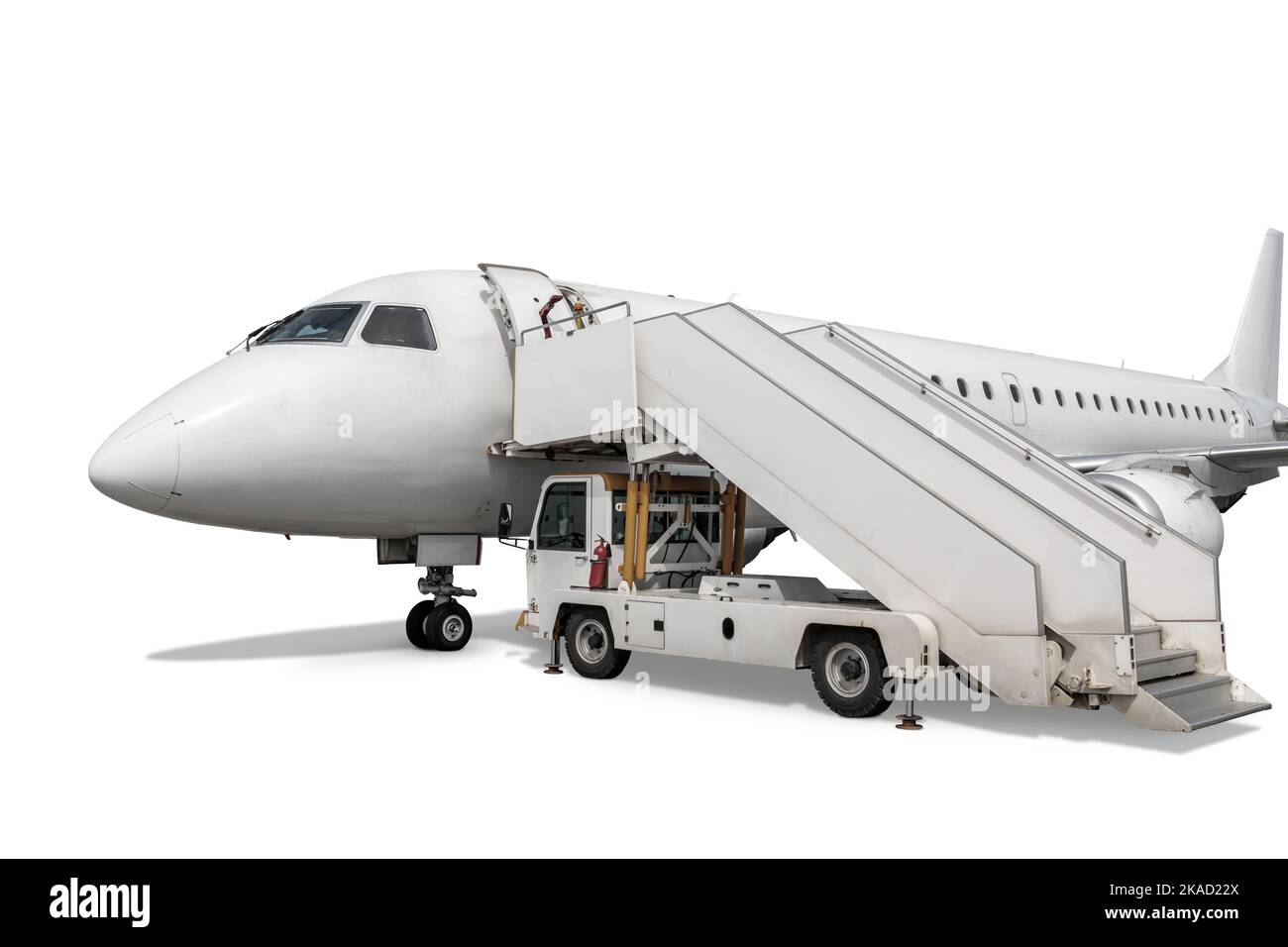 Passenger jet plane with aircraft steps isolated on white background ...