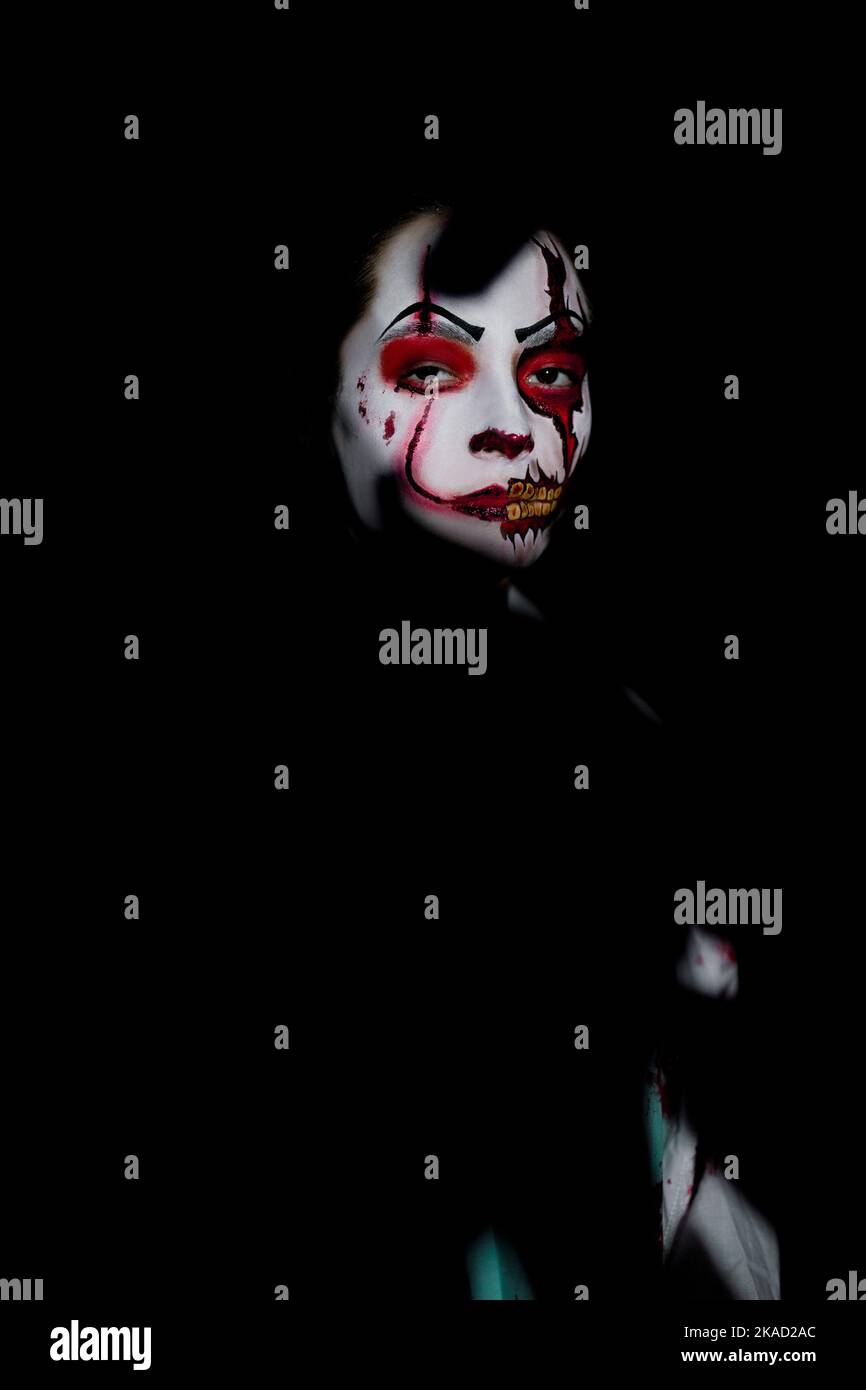 Portrait of young woman in image bloodthirsty zombie with horror wounds ...