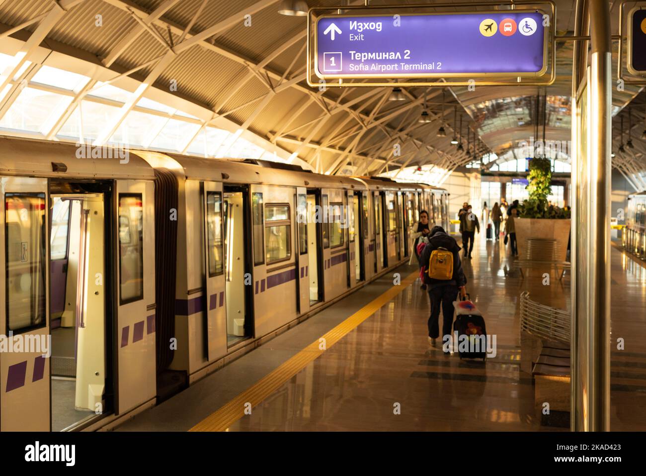 Sofia Airport Terminal 2 metro station platform and passengers, Sofia ...