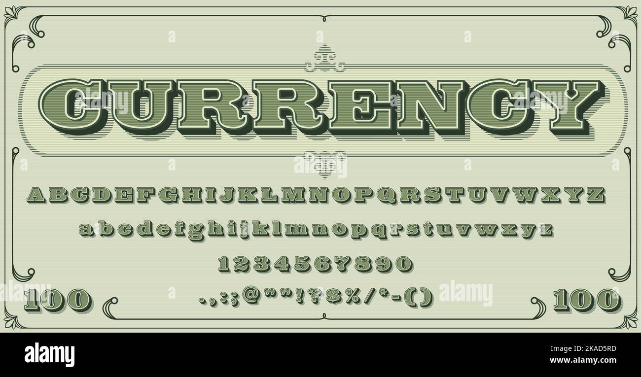 Money font, vintage type or typeface alphabet typography, vector ...