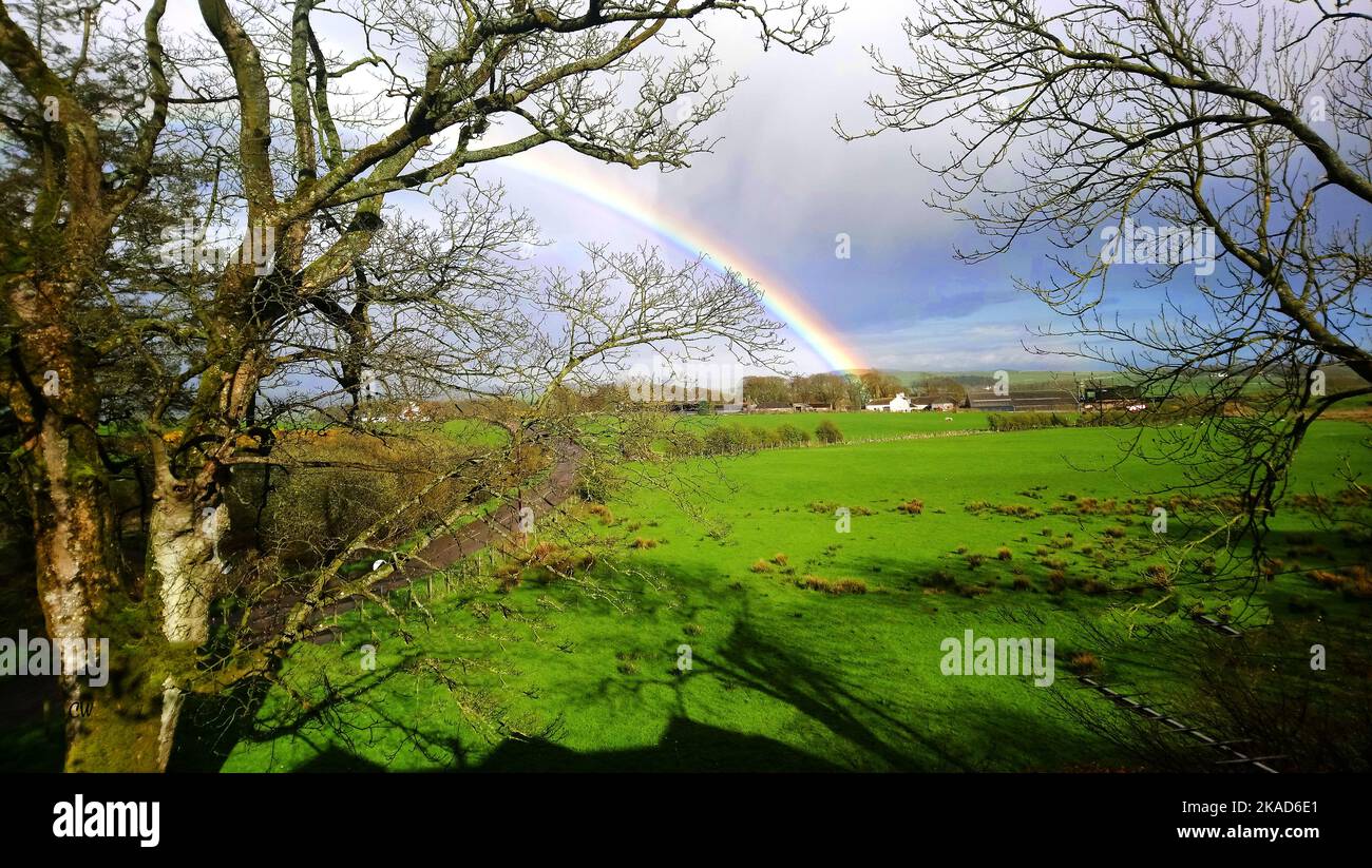 rainbow, fields, near Borgue village, Dumfries and Galloway, Scotland ...