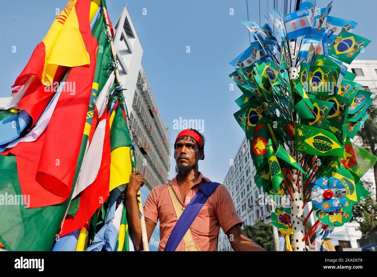 Dhaka, Bangladesh - October 02, 2022: On the occasion of World Cup football, hawkers are selling ...