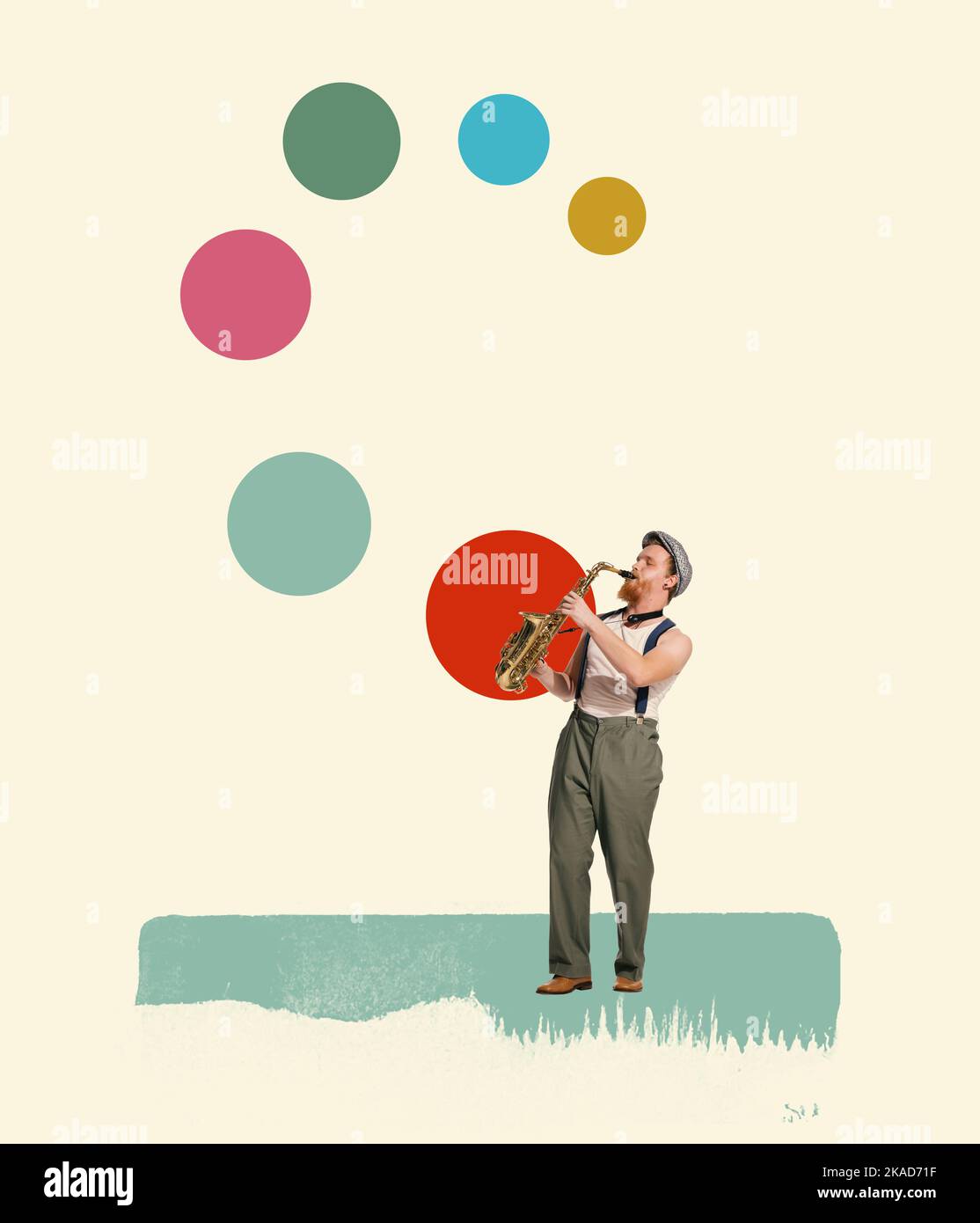 Stylish retro man playing saxophone on magazine paper background. Copy ...