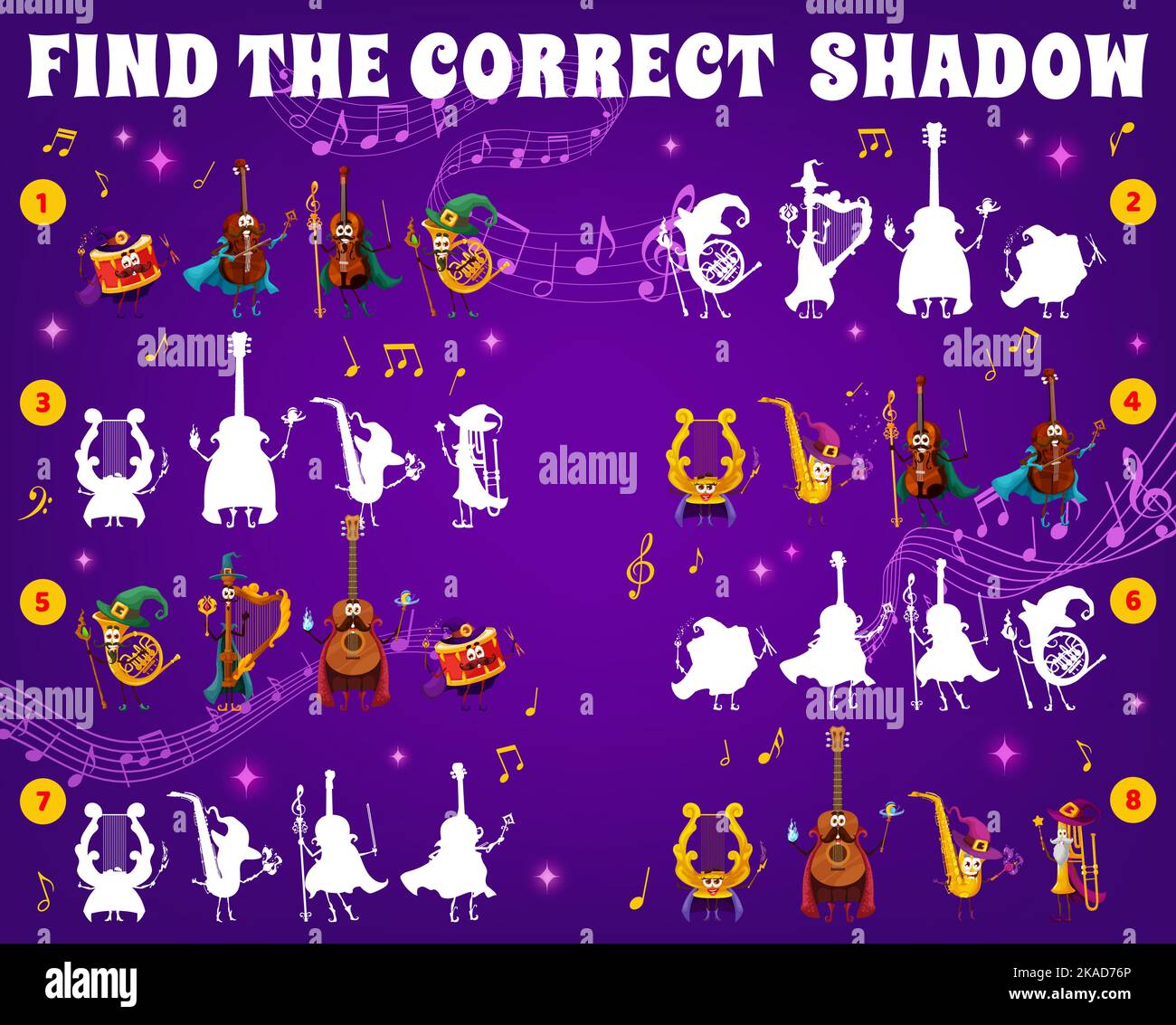 Shadow match game, wizard and fairy musical instrument characters ...