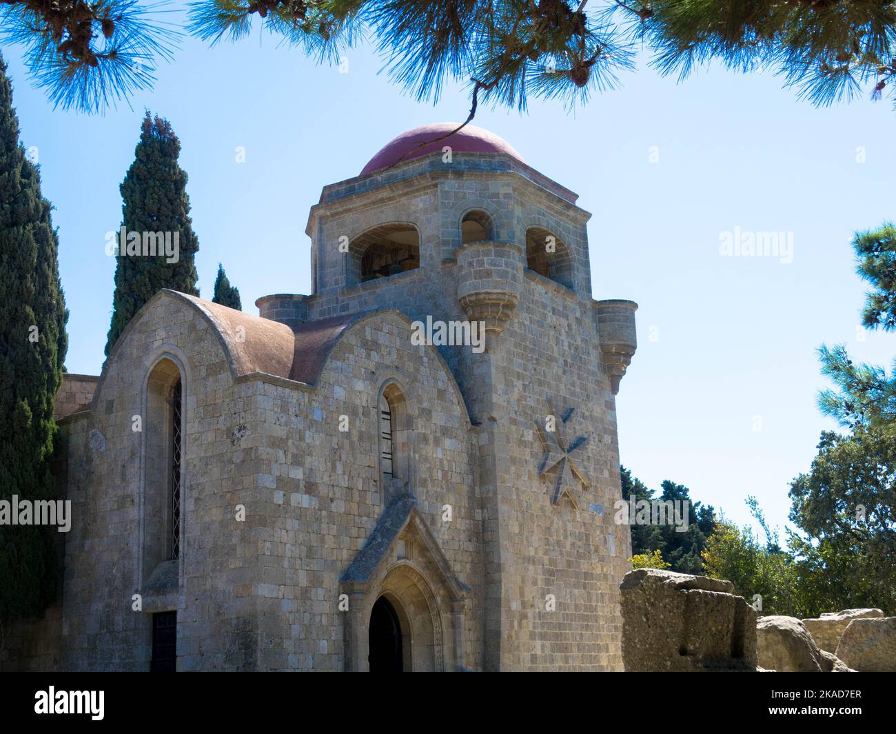 The byzantine monastery of Panagia Filerimos is located on a hill above ...