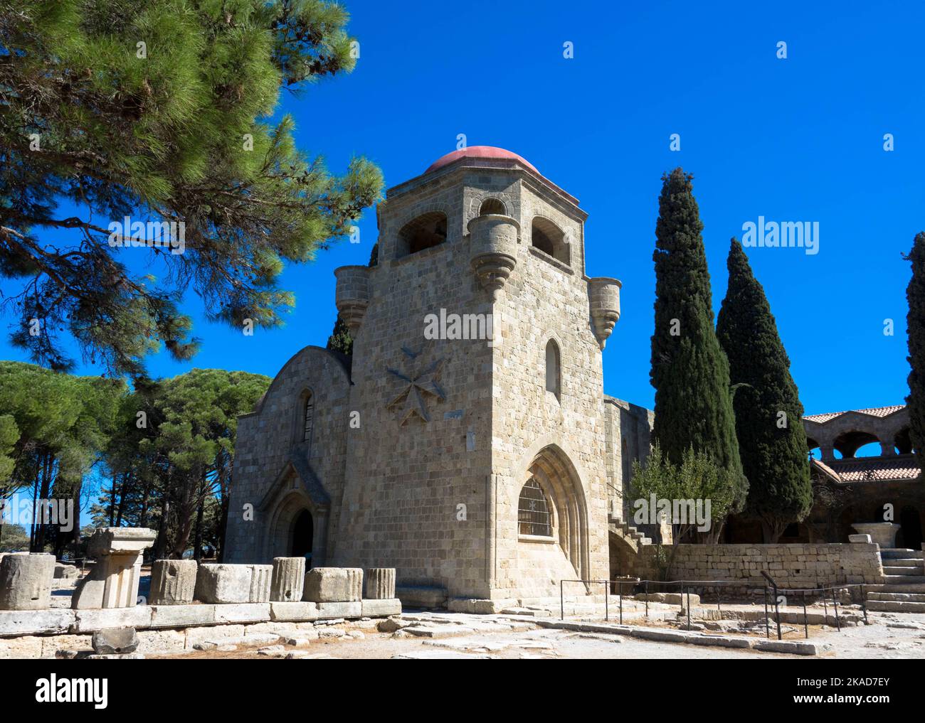 The byzantine monastery of Panagia Filerimos is located on a hill above ...
