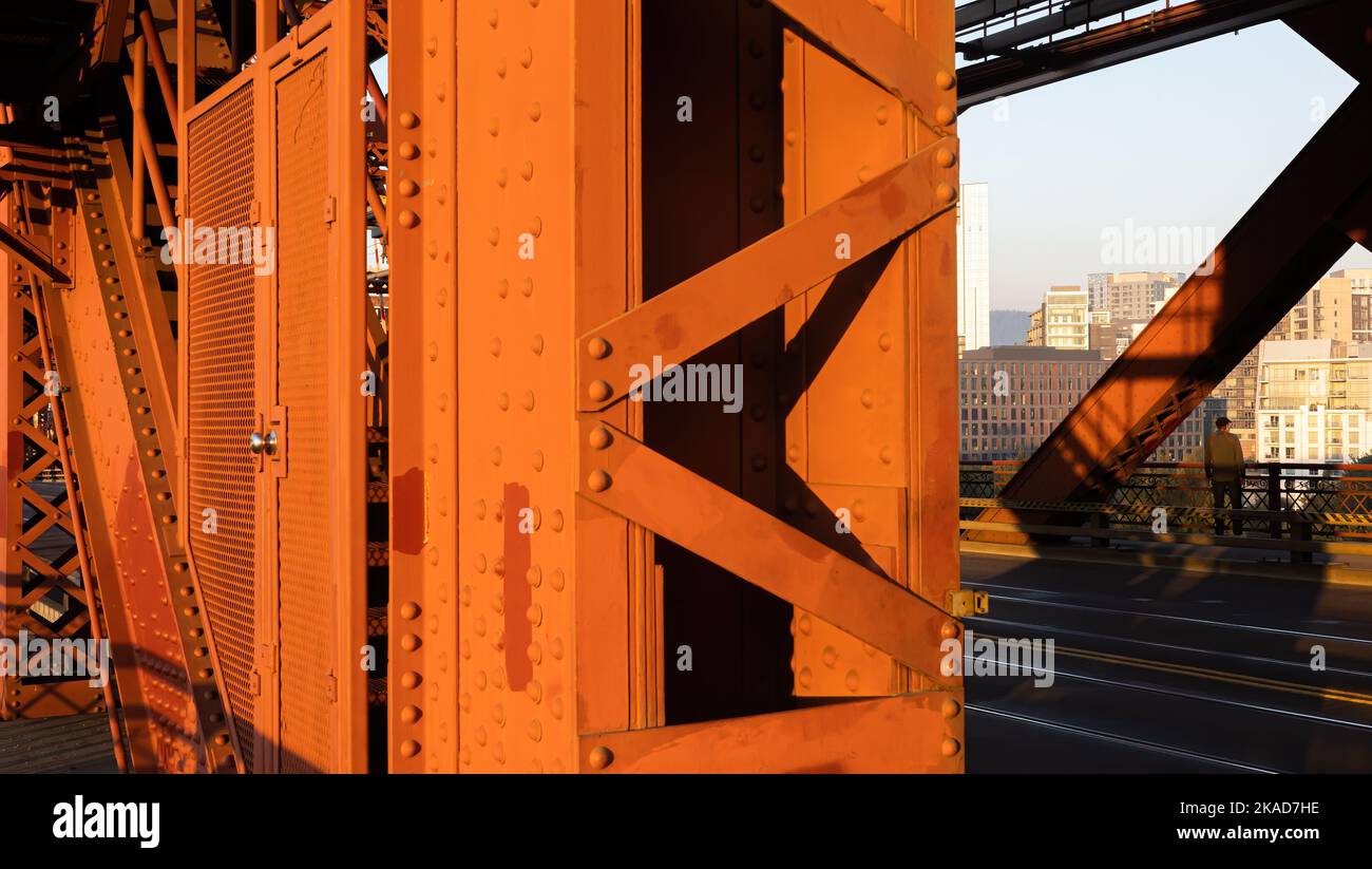 Red Bridge in Portland. Farms metal vehicular and pedestrian bridge ...