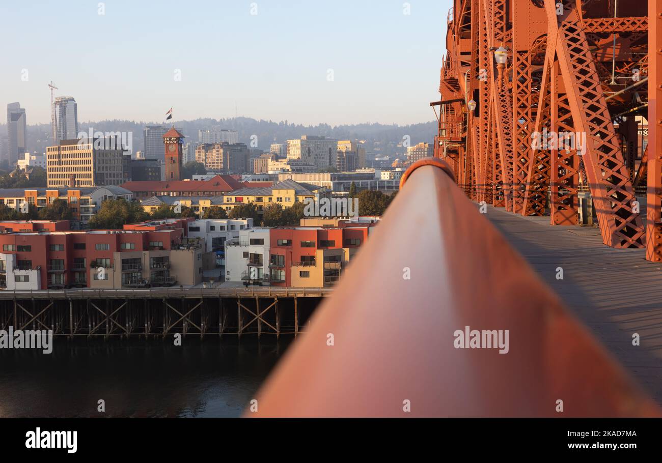 Red Bridge in Portland. Farms metal vehicular and pedestrian bridge ...