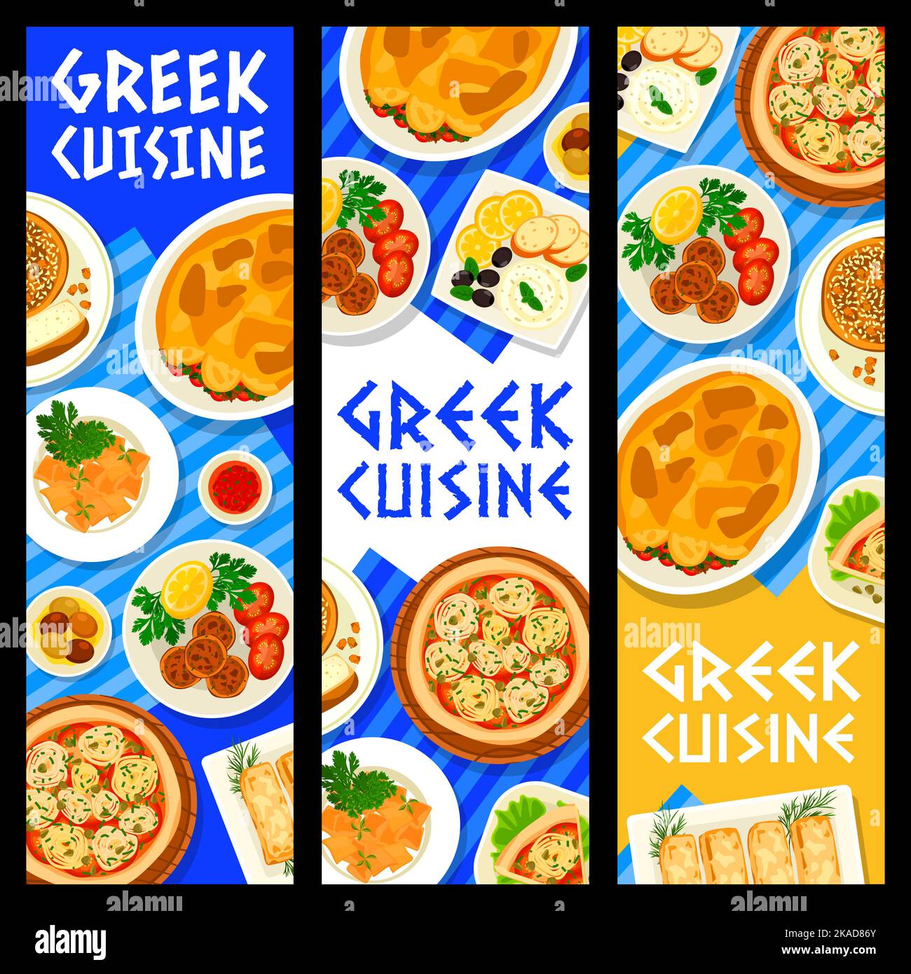 Greek cuisine restaurant food banners. Fried feta cheese, eggplant ...