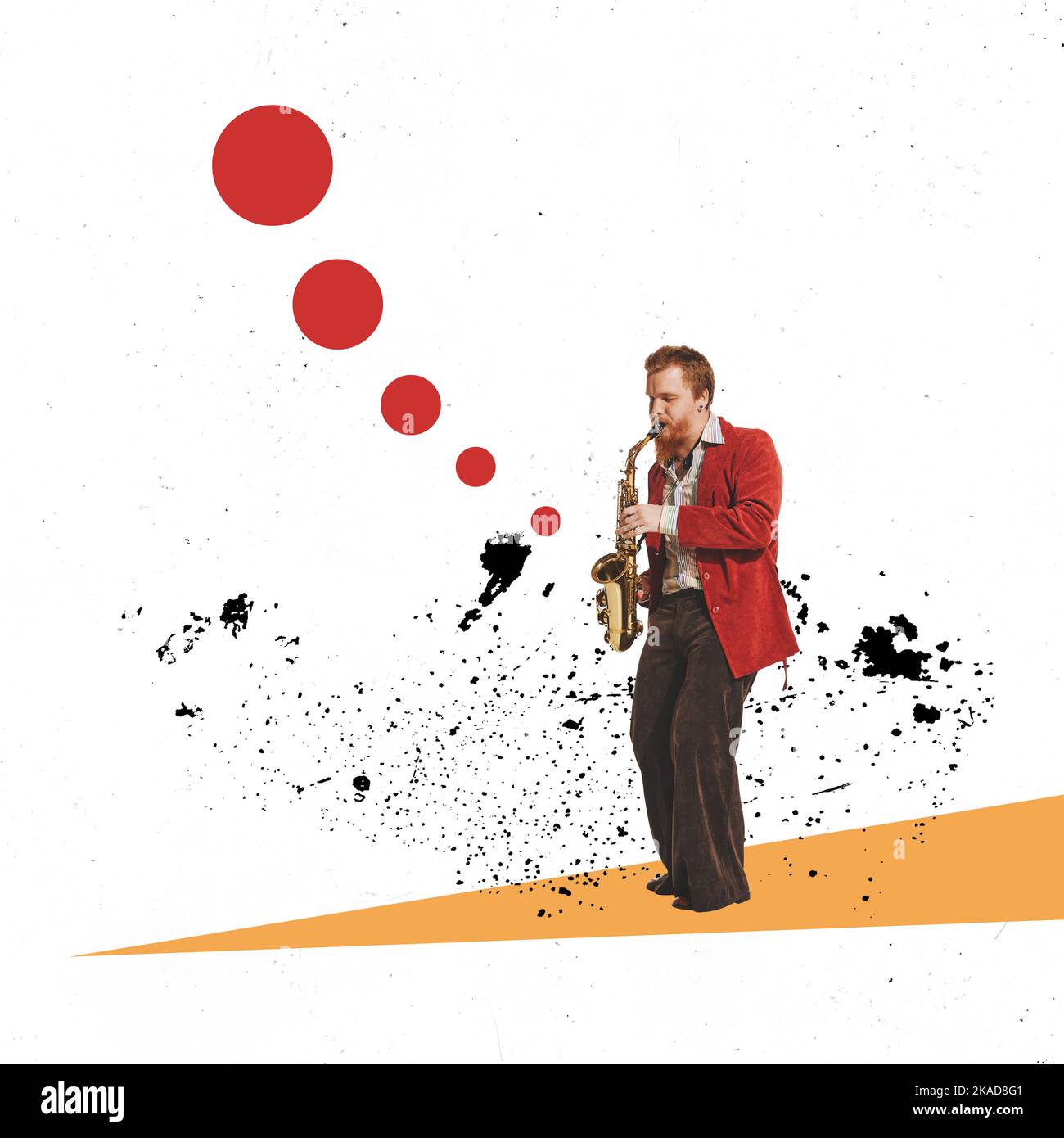 Stylish retro man playing saxophone on magazine paper background. Copy ...