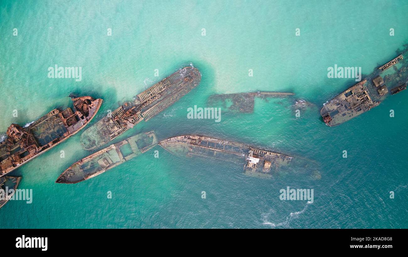 A top view of Tangalooma shipwrecks in Queensland, Australia Stock ...