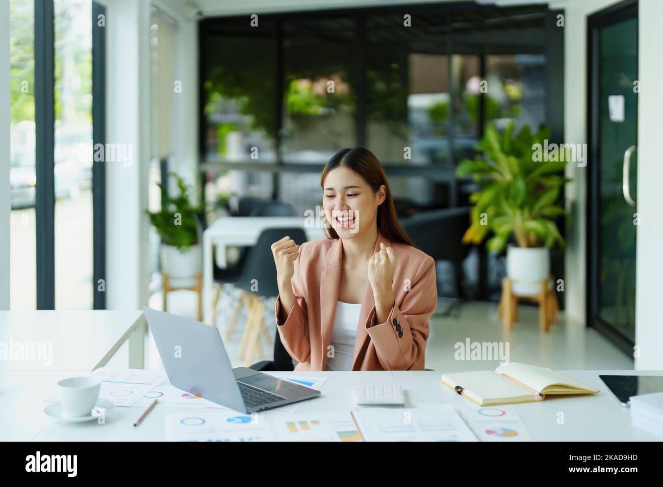 young Asian woman using a computer showing joy at the sales target ...