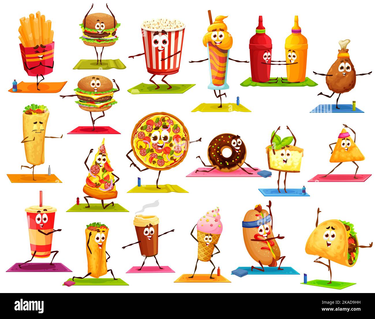 Cartoon fast food characters on yoga fitness sport. Vector french fries ...