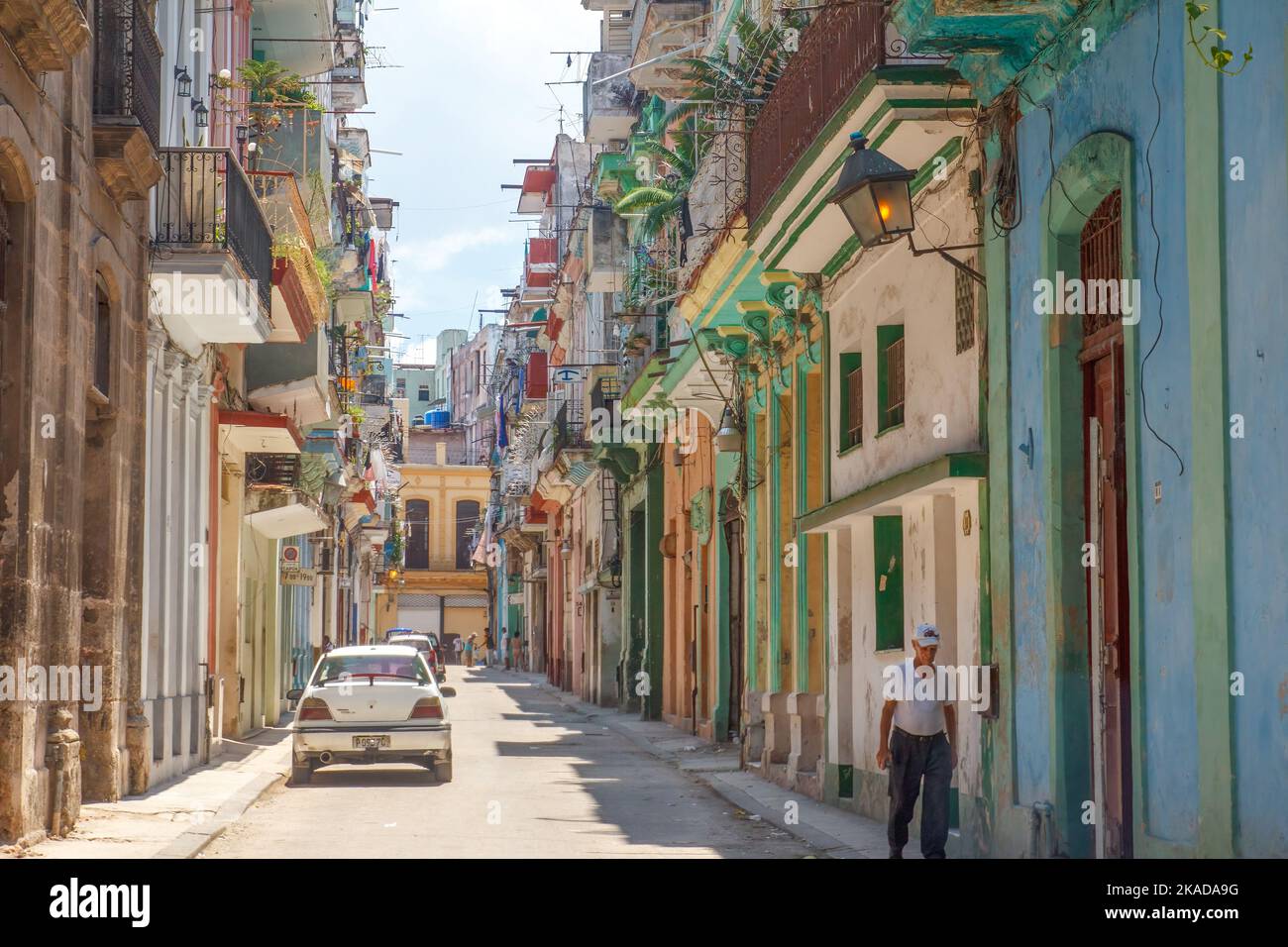 A Cuban senior man walks on the sidewalk by a narrow street in a ...
