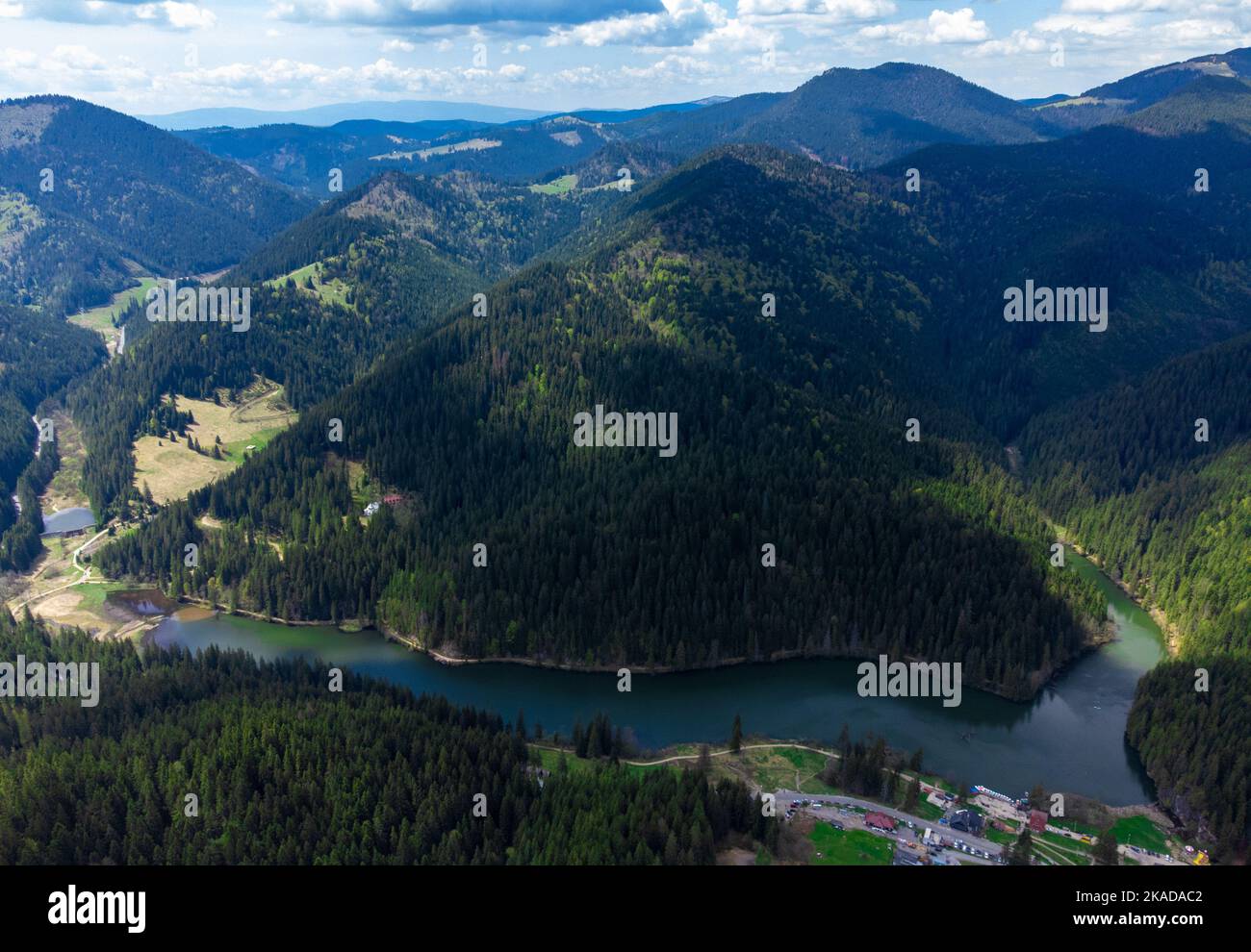 An aerial view of Rosu Lake - Romania, drone view, summer Stock Photo ...