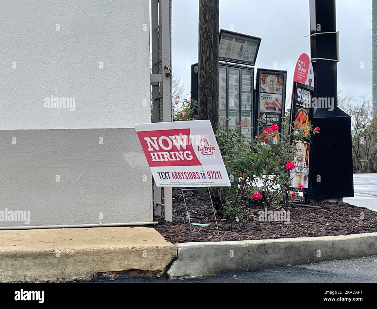 Augusta, GA USA - 12 19 21: Arbys Now Hiring drive thru sign Stock ...