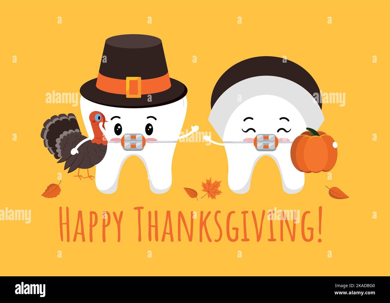 Thanksgiving tooth in braces in pilgrim hat with pumpkin and turkey in ...