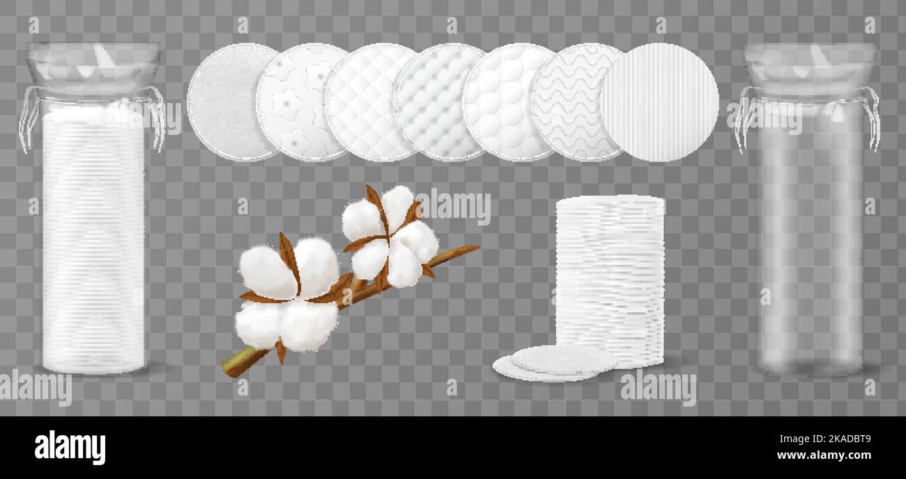 Realistic cosmetic cotton pads transparent icon set cotton swab wrap ...