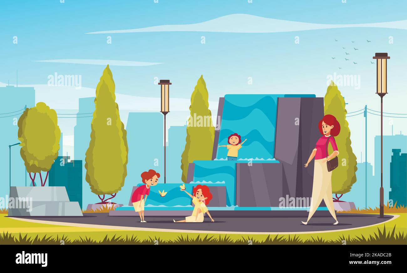 Children playing in fountain in city park on background with blue sky ...