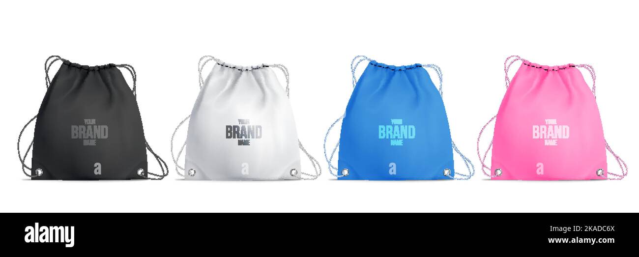 Four colorful drawstring bags with place for brand name realistic ad ...