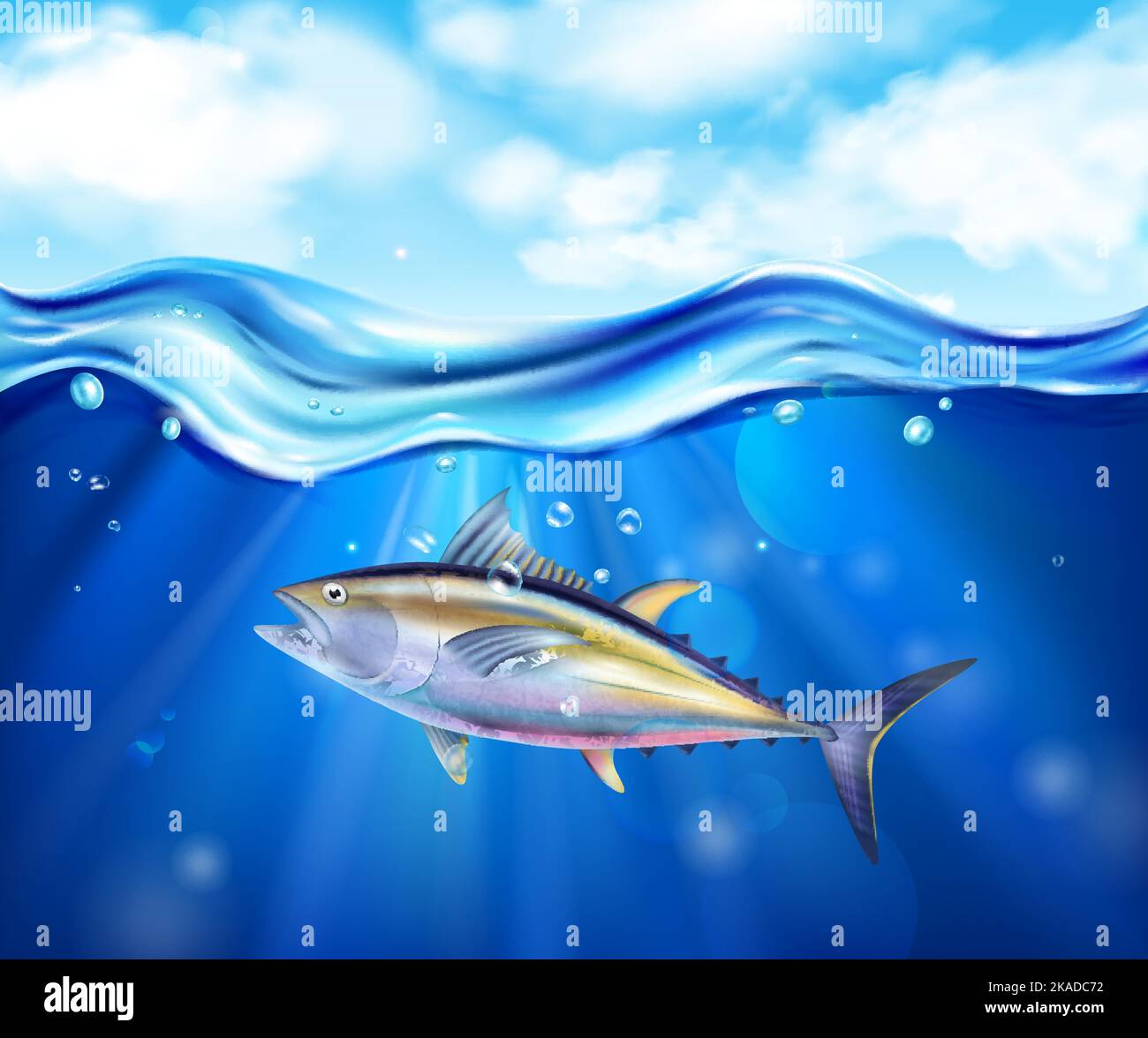 Realistic and colored tuna sea composition fish swimming in the ocean ...
