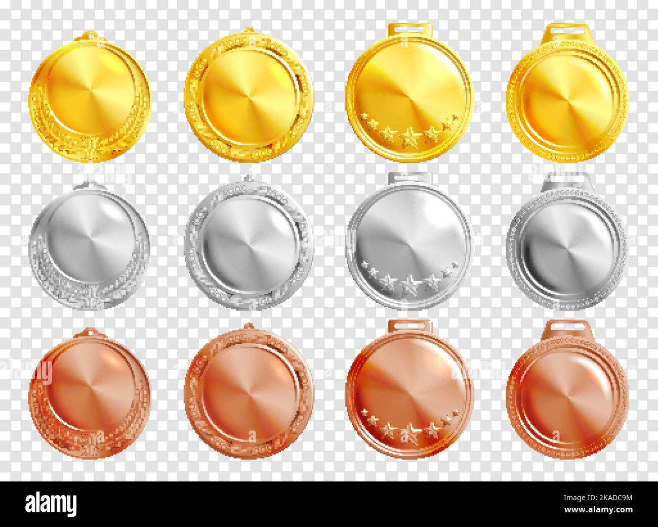 Twelve round golden silver and bronze realistic medallions mockup on ...