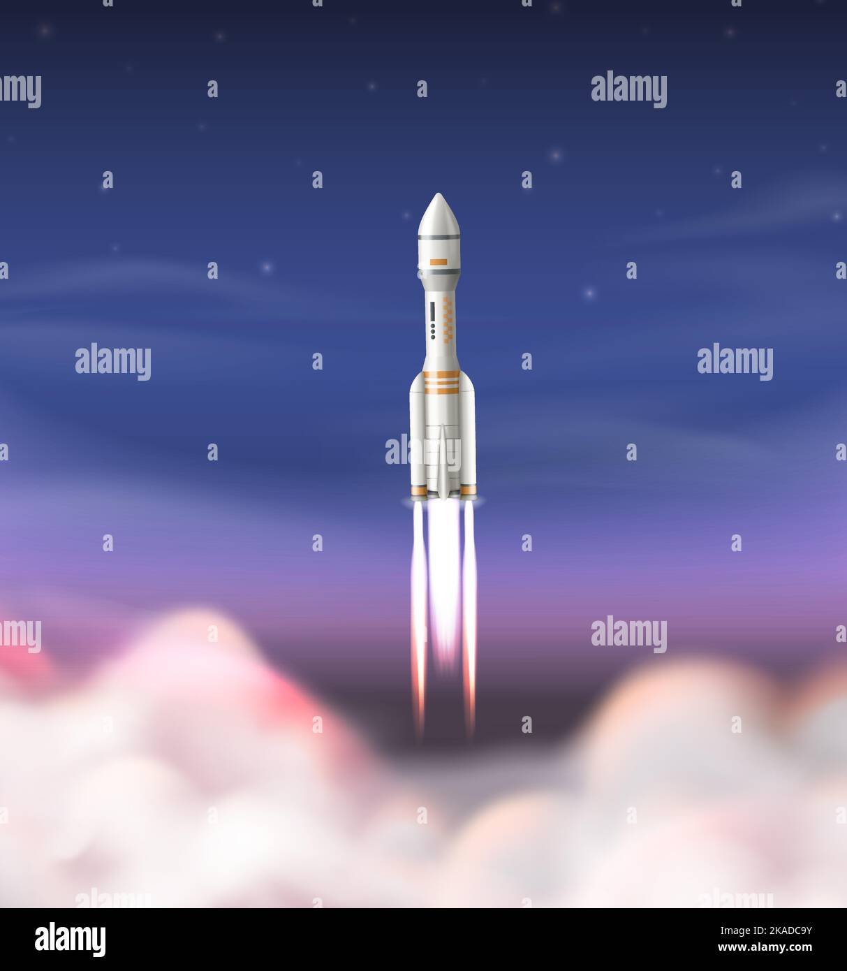 Realistic rocket launch composition with spacecraft flying above clouds ...