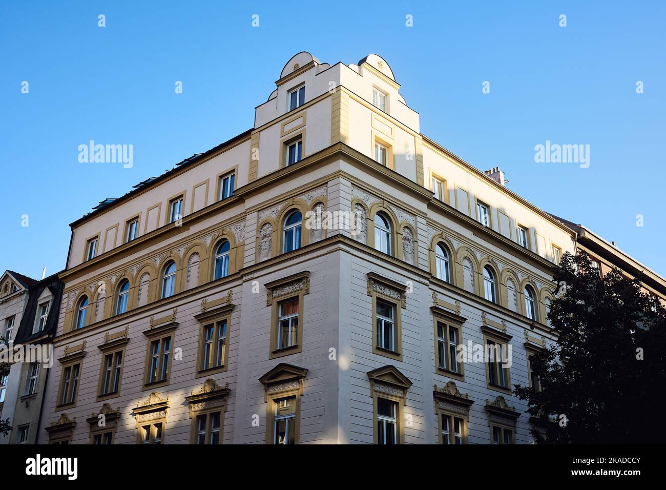 An old building in Prague on the square of Jiri Z Podebrad against a ...