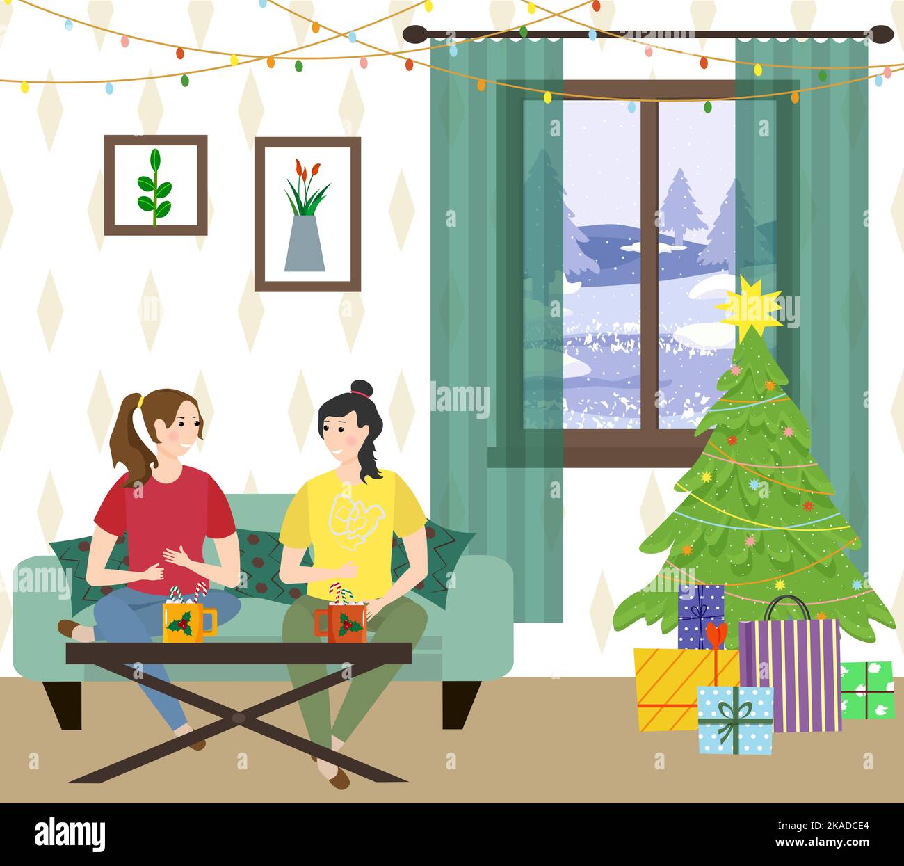 Cozy interior with a Christmas tree, gifts and a window. Girls sit on ...