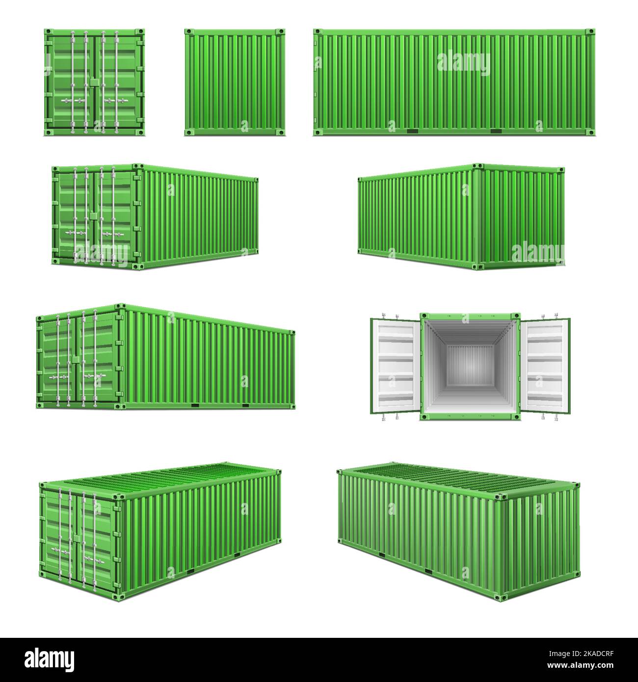 Realistic Green Cargo Container Set With Views From Different Sides Against White Background