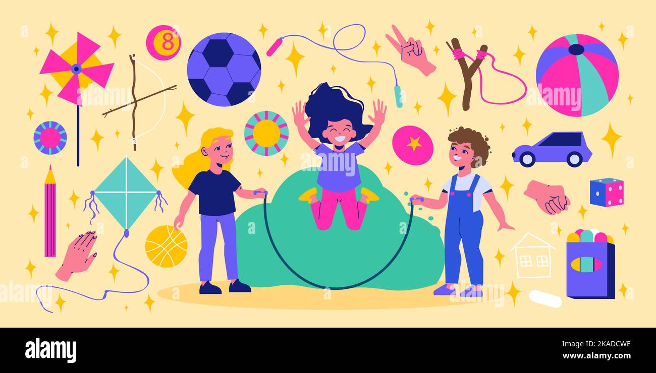 Children active games set with jumping girls flat vector illustration ...