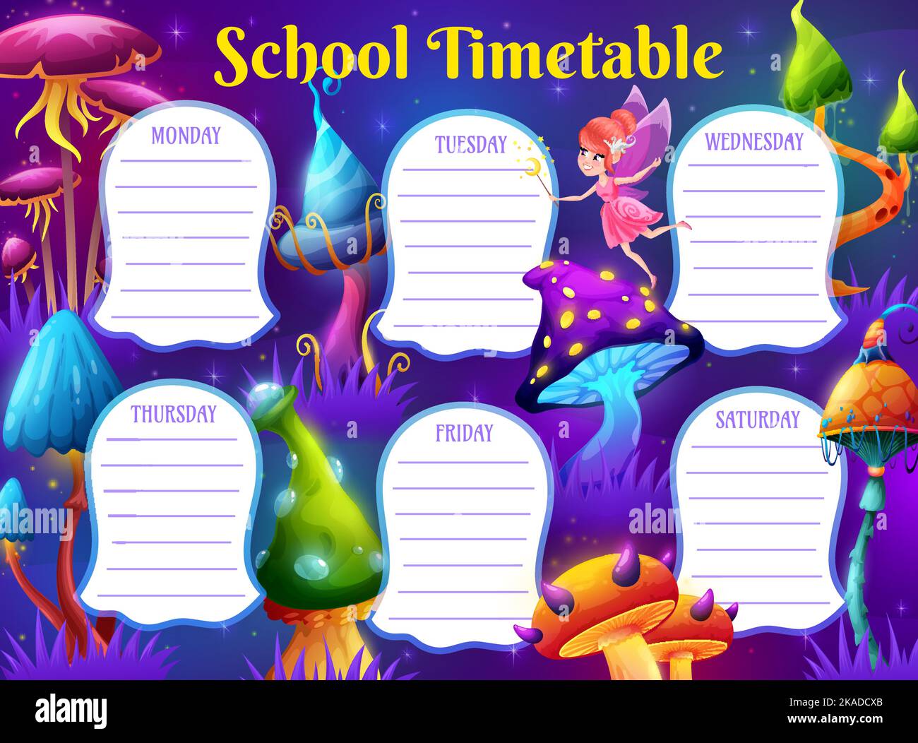 Education timetable schedule. Magic mushrooms in fairy forest. School ...