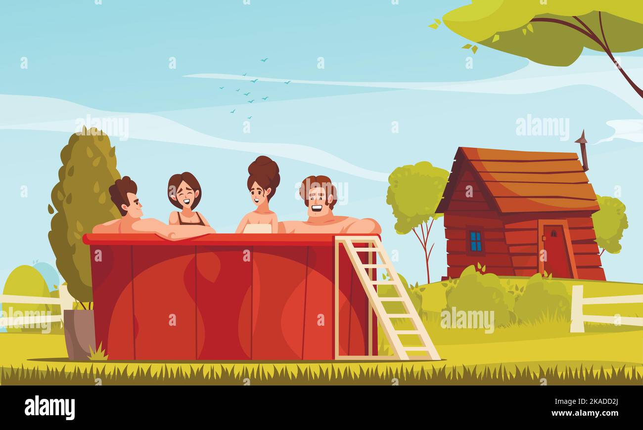 Bathing cartoon composition with group of happy young people relaxing ...