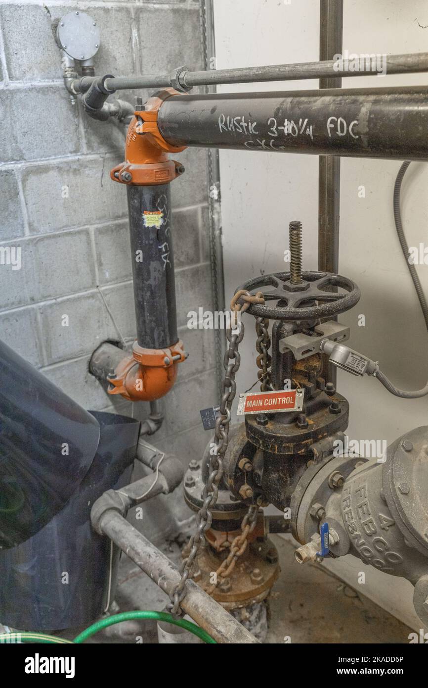 A vertical shot of fire sprinkler system valves in a commercial ...