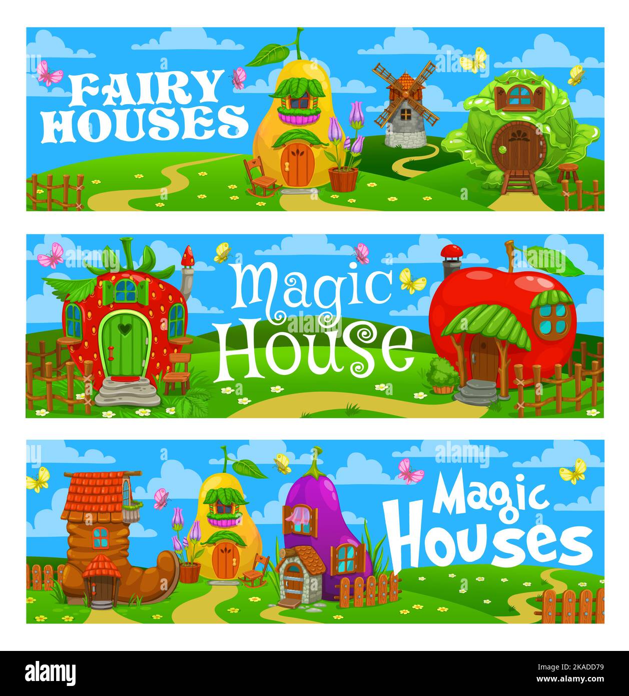 Fairytale magic houses and dwellings. Cartoon vector banners with ...