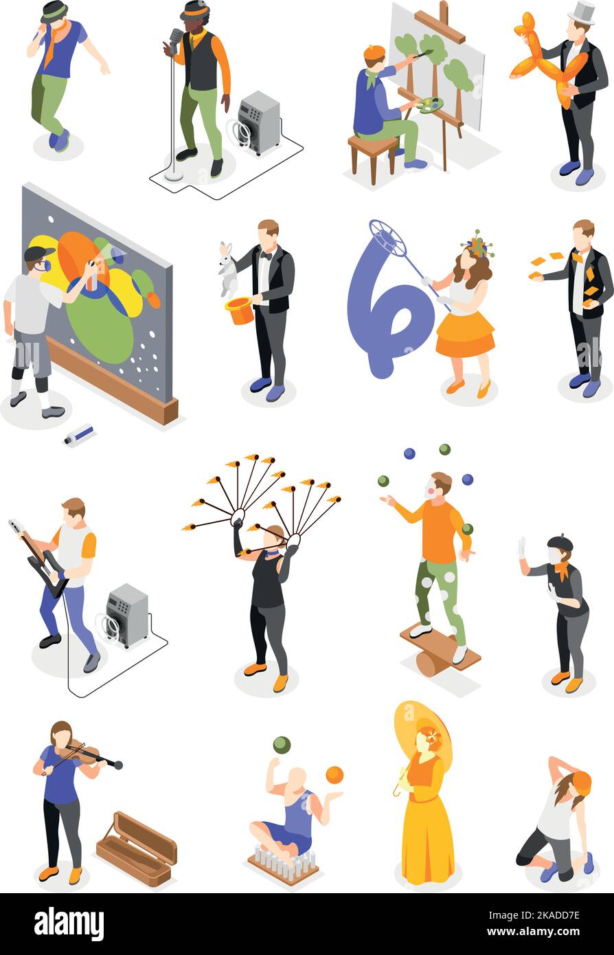 Set with isolated human characters of street artists with isometric ...