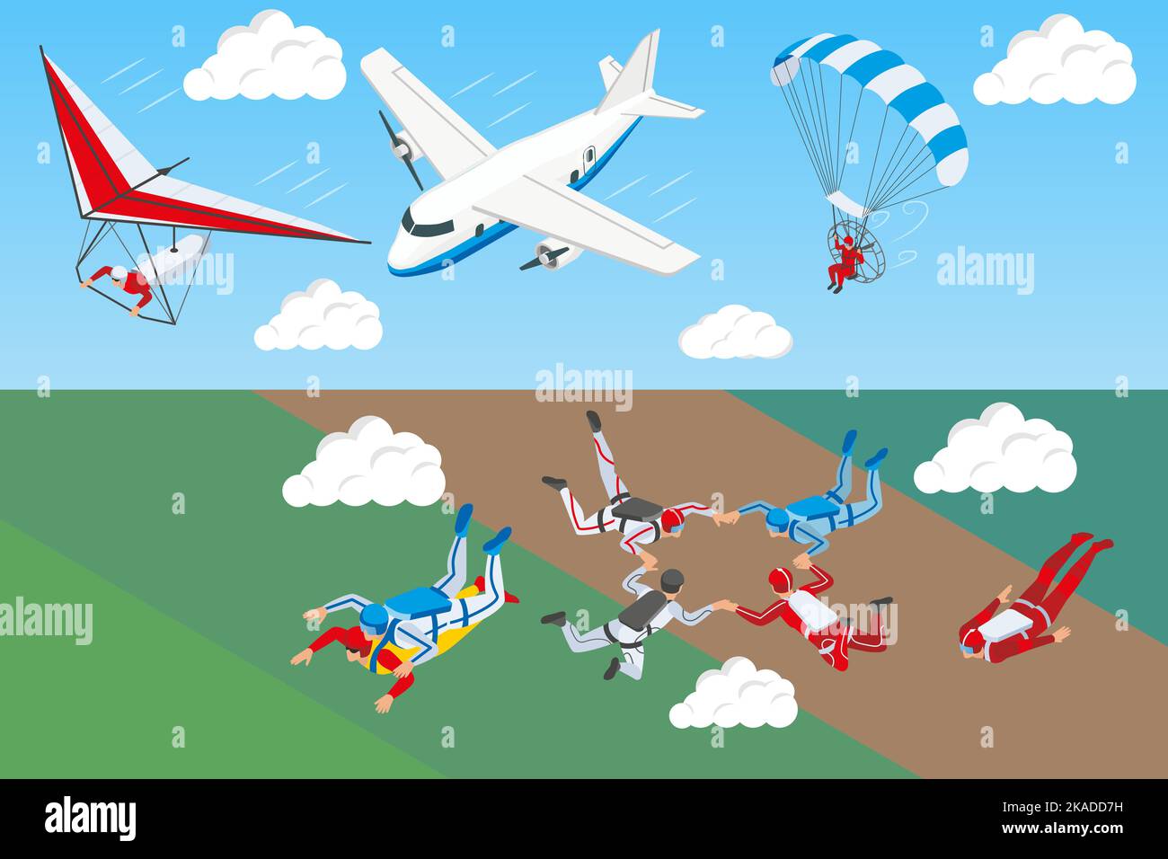 Parachuting isometric horizontal banners with airplane hang glider and group of people skydiving ...