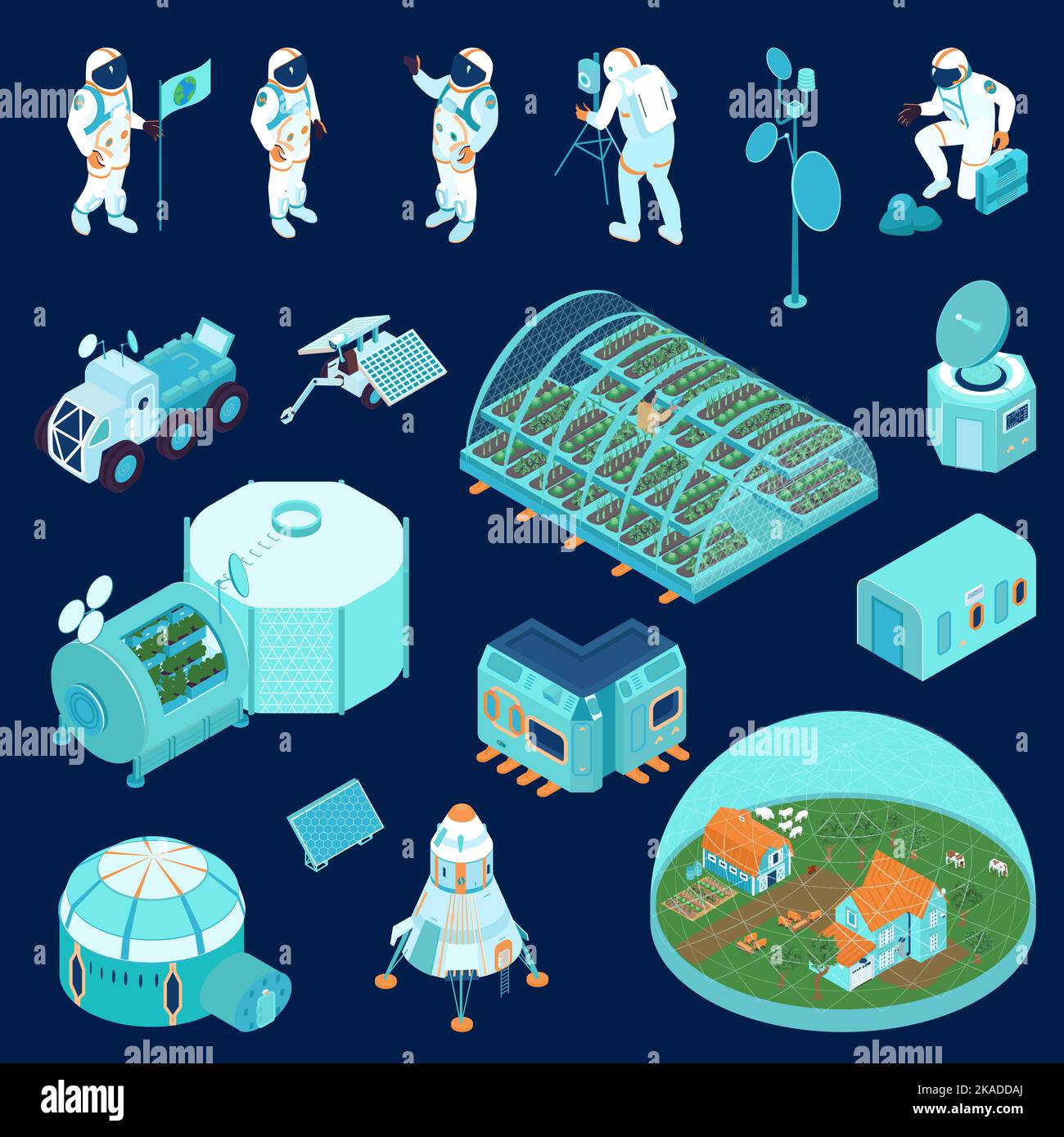 Space colonization color set with exploration symbols isometric ...