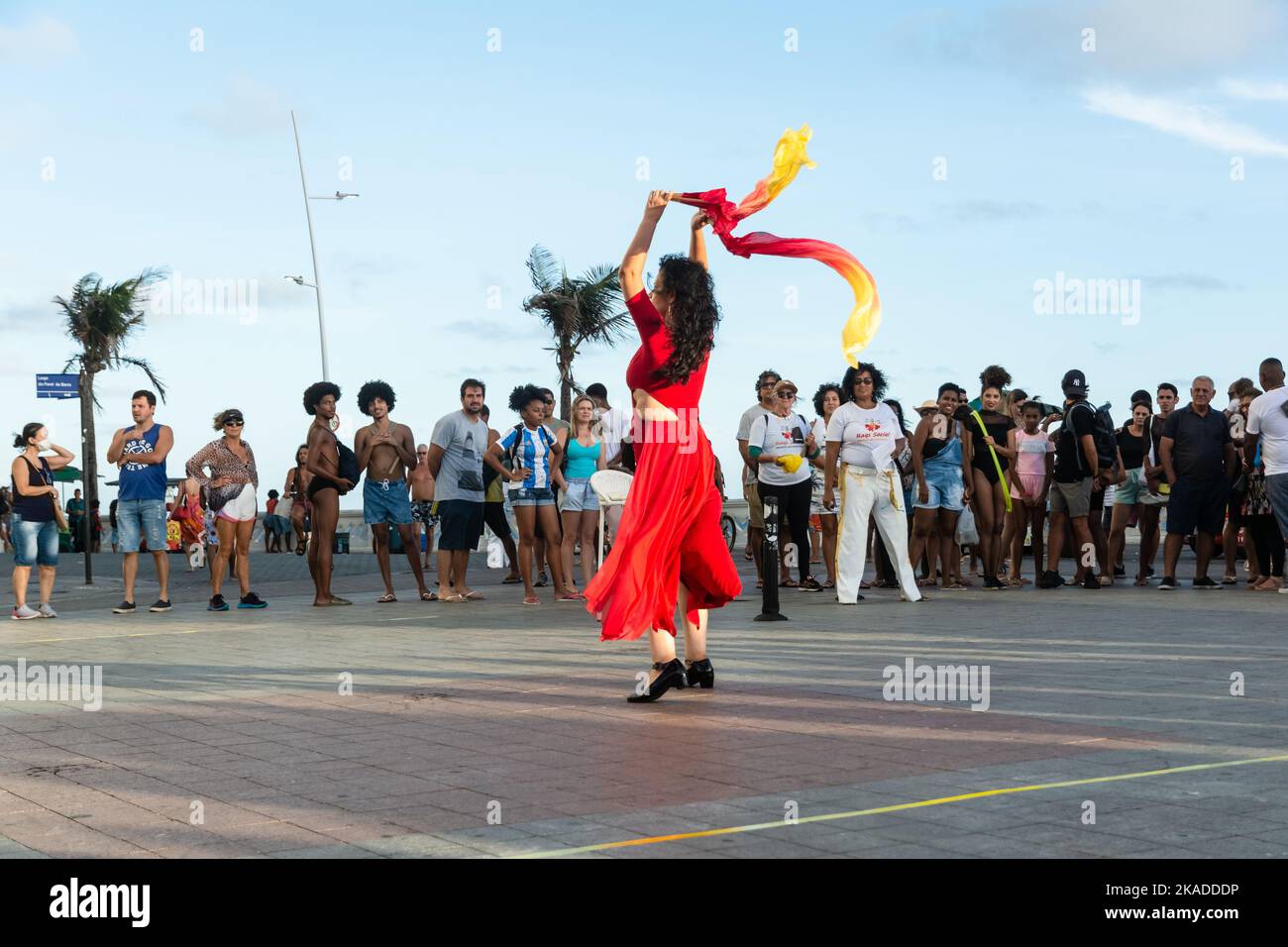 A dancer performing street belly dancing at Farol da Barra square in ...