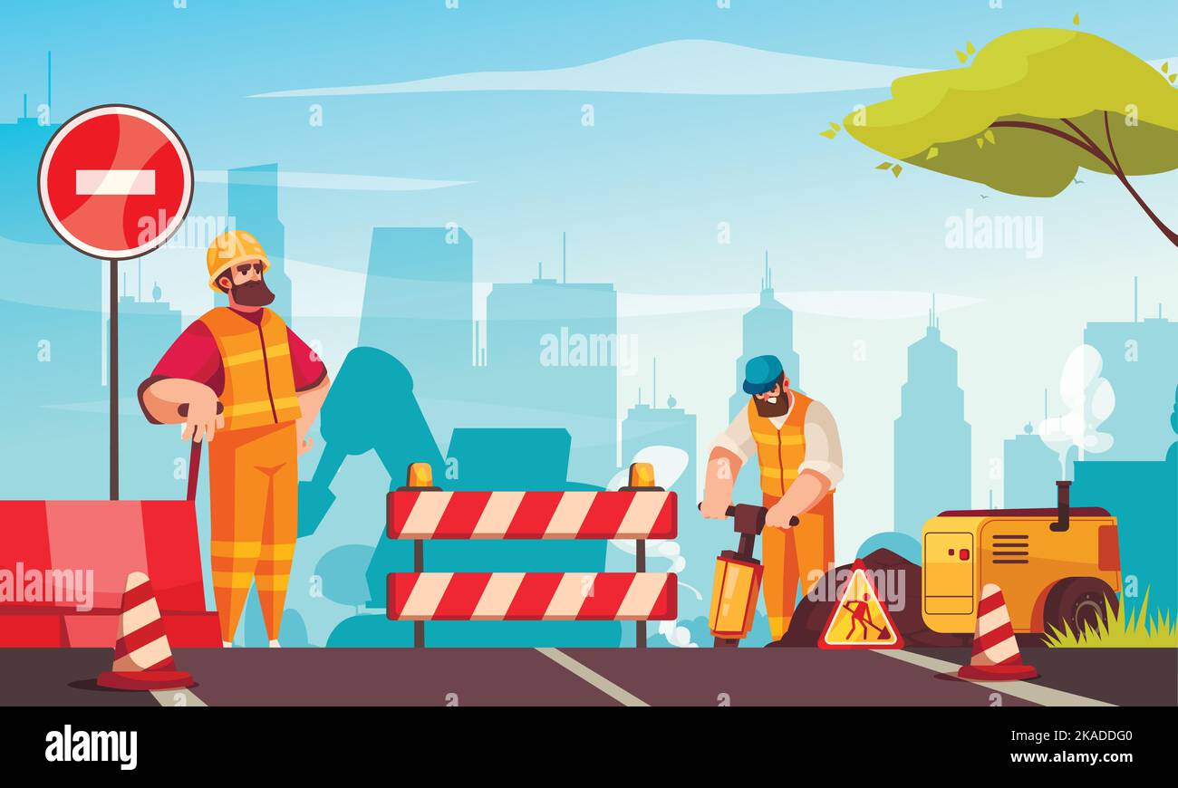 Road repair flat composition with builders characters working with ...