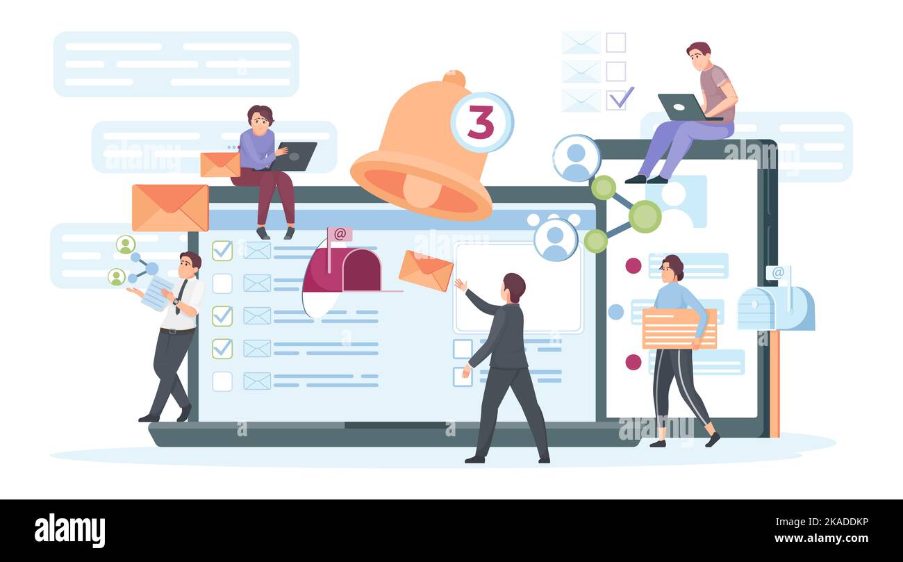 Flat concept of email marketing with people sending advertising ...